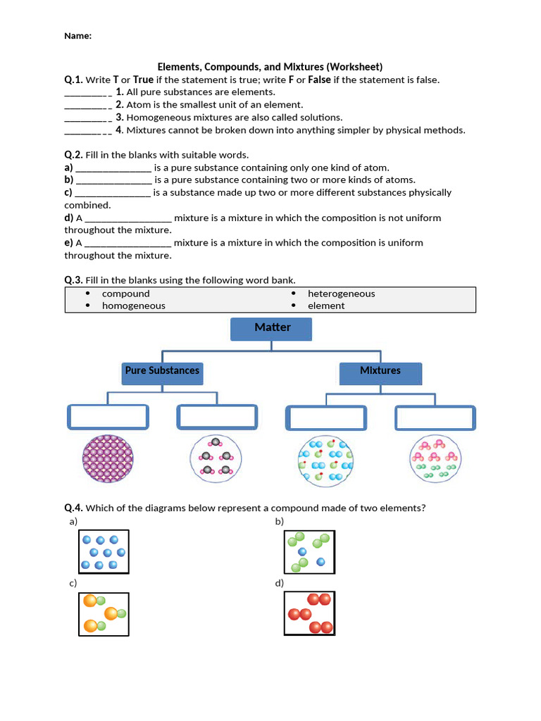 Elements Compounds Mixtures Worksheet Doc Elements, Compounds, Mixture