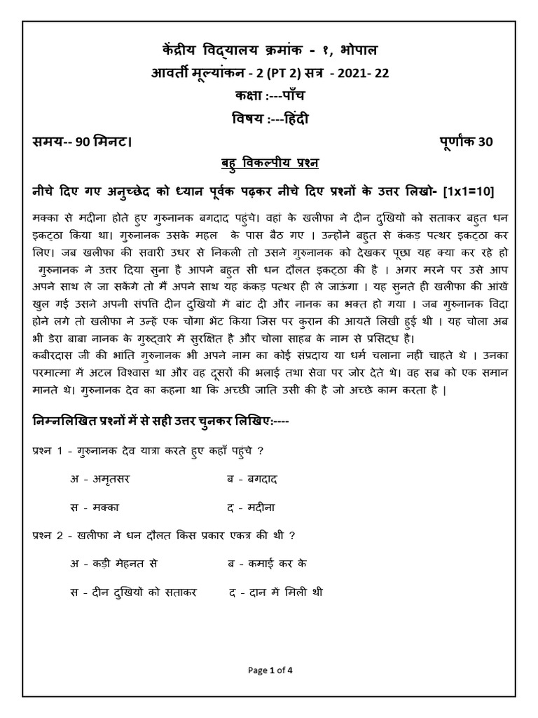 Class 5 Hindi Set 2 | PDF