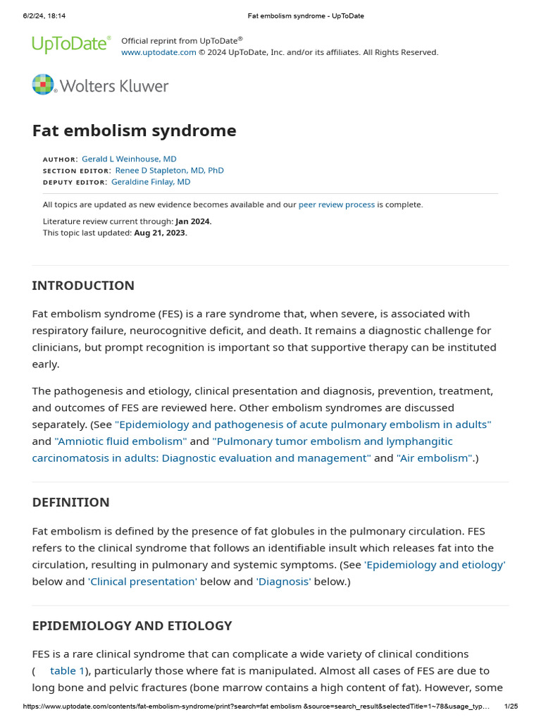 Fat Embolism Syndrome - UpToDate | PDF | Medical Diagnosis ...