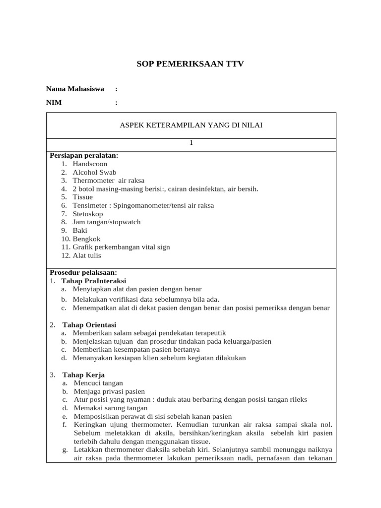SOP Pemeriksaan TTV Mahasiswa | PDF