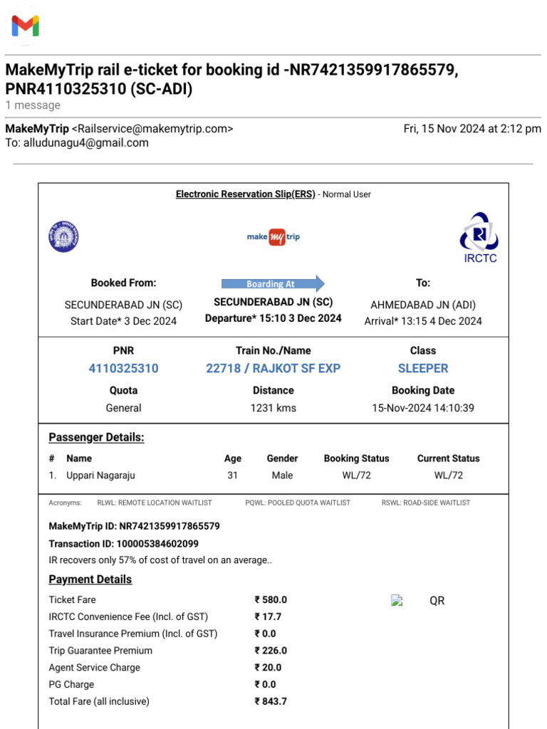 Gmail - MakeMyTrip Rail E-Ticket For Booking Id - NR7421359917865579, PNR4110325310 (SC-ADI ...