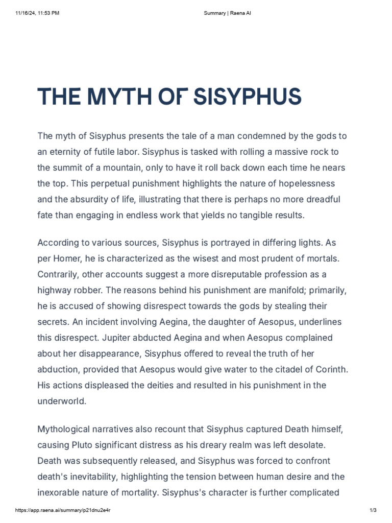 The Myth of Sisyphus Summary - Raena AI | PDF | Happiness