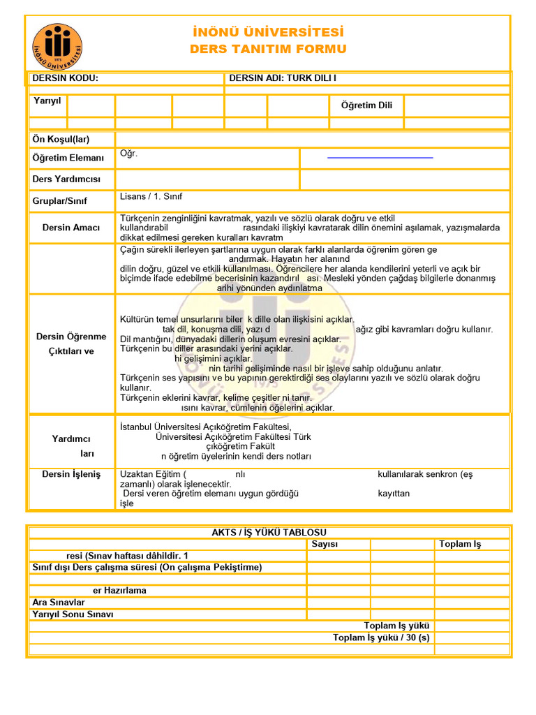 Türk Dili I Ders Tanıtım Formu | PDF