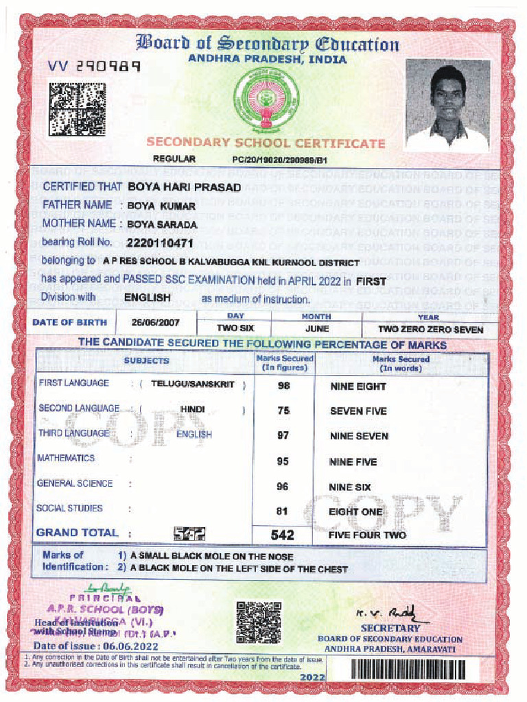 10th Marks Card | PDF