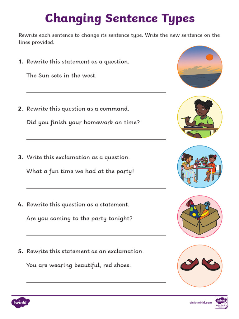 Changing Sentence Types Worksheet - Ver - 1 | PDF