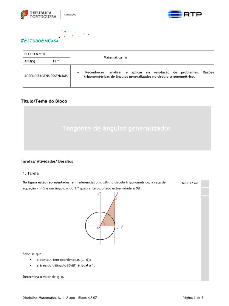 07 - Matemática A - 11º Ano - Tangente de Ângulos Generalizados | PDF | Círculo | Trigonometria