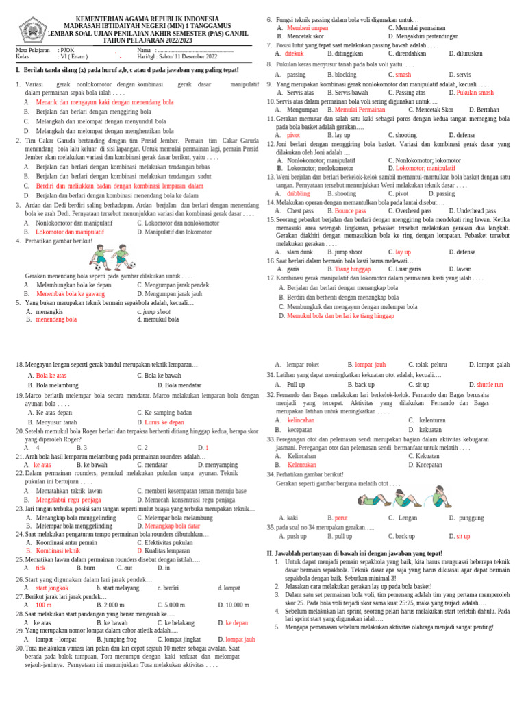 Soal Pas Ganjil Kelas 6 Pjok | PDF