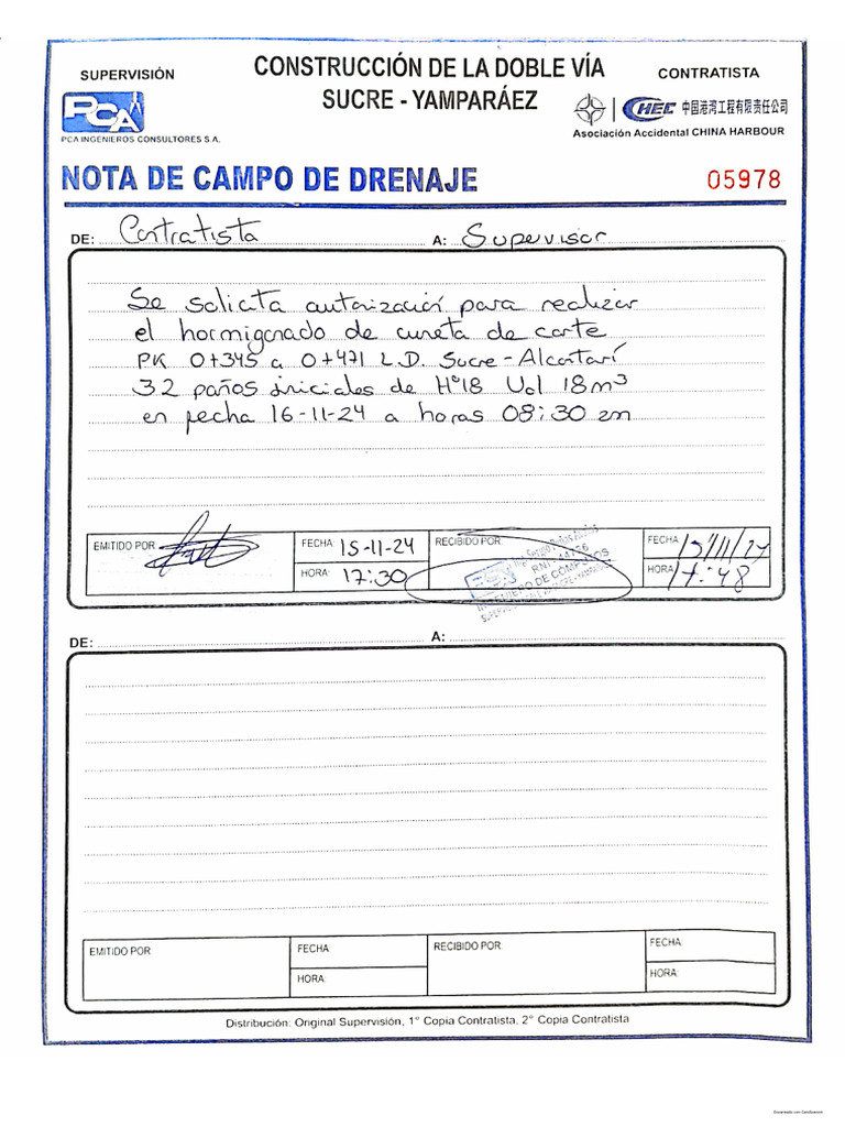 S Autorización para Realizar El Hormigonado de Cuneta de Corte en PK 0 ...