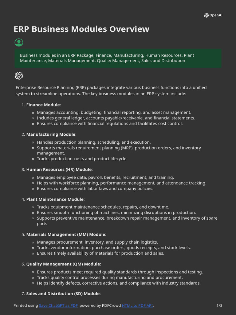 ERP Business Modules Overview | PDF | Enterprise Resource Planning ...