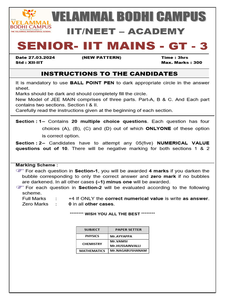 Xii-Iit GT - 3 Final - Question Paper - 27.03.2024 | PDF | Waves | Electron