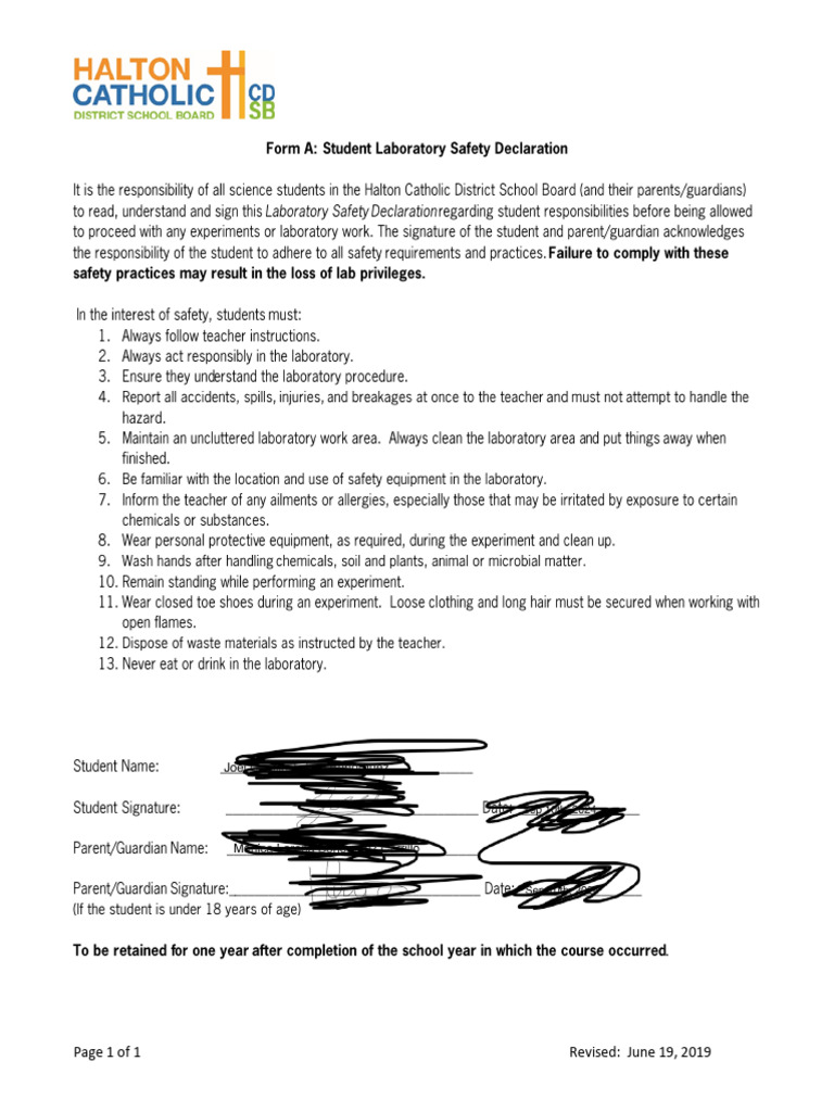 Student Laboratory Safety Declaration Signed | PDF