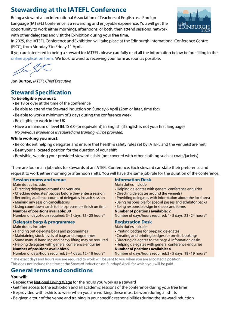 2025 Edininburgh - IATEFL Steward Job Description-1 | PDF