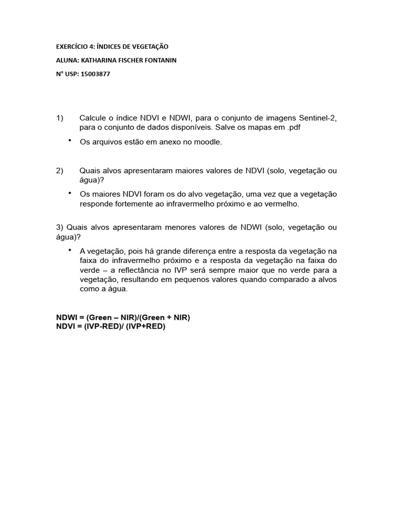 EXERCÍCIO 4 ÍNDICES DE VEGETAÇÃO Katharina Fischer Fontanin | PDF ...