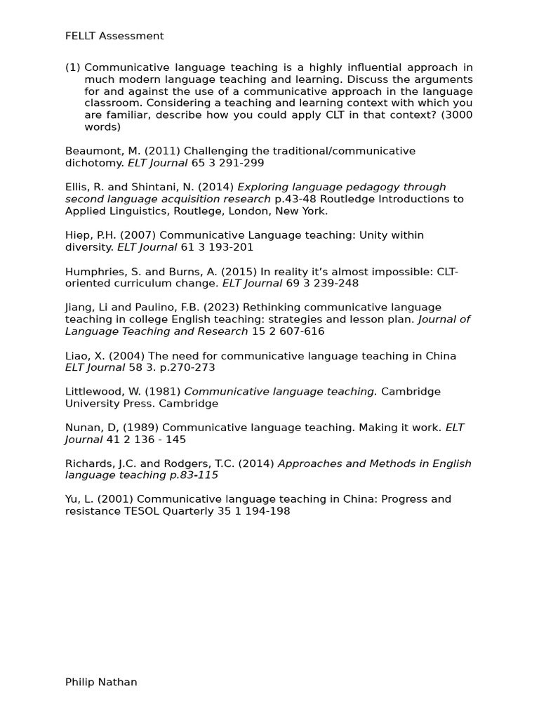 FELT Essay Assignment - Communicative Language Teaching Is A Highly Influential Approach in Much ...