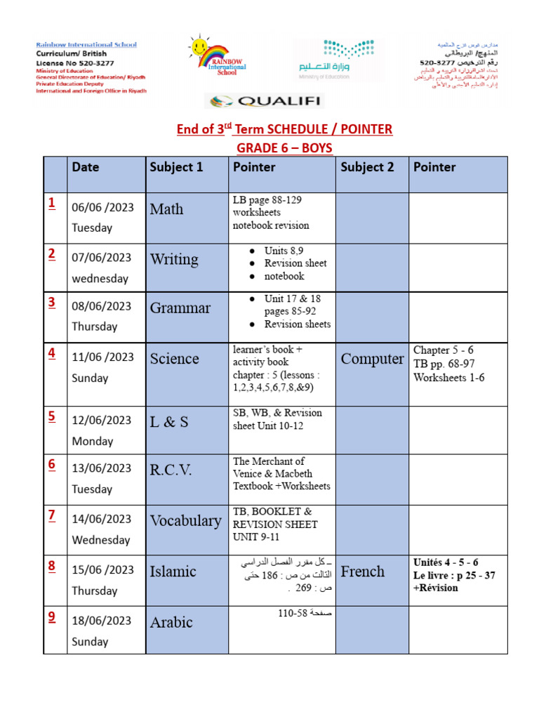 G-6 End of 3rd Term Schedule - Docx-1 | PDF