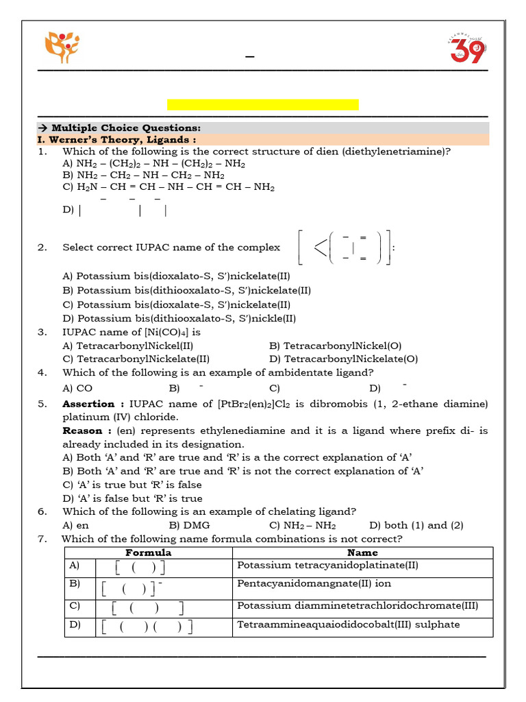 Coordination Compounds Chemistry Worksheet | PDF | Coordination Complex | Isomer
