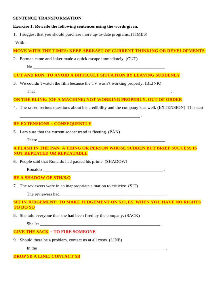 Sentence Transformation 1B2 | PDF