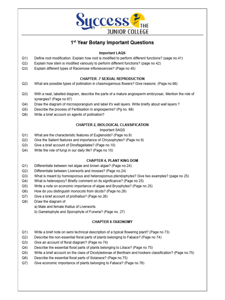 Botany Important Questions | PDF | Plant Stem | Cell (Biology)