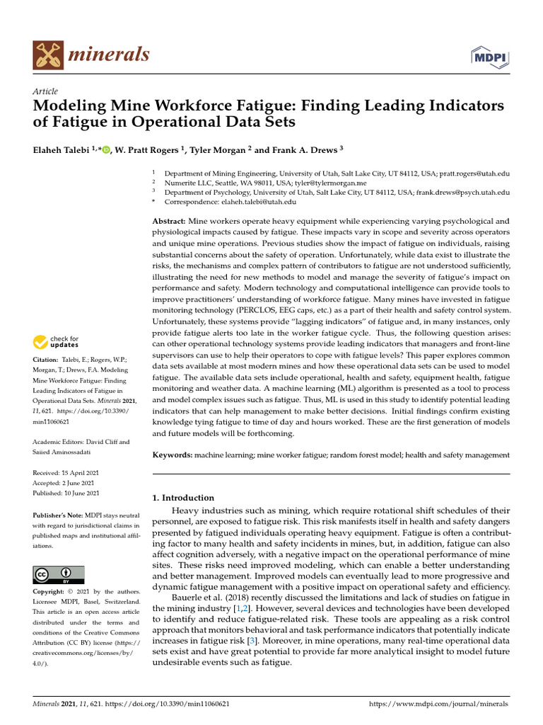 Modeling Mine Workforce Fatigue Finding Leading Indicators | PDF ...