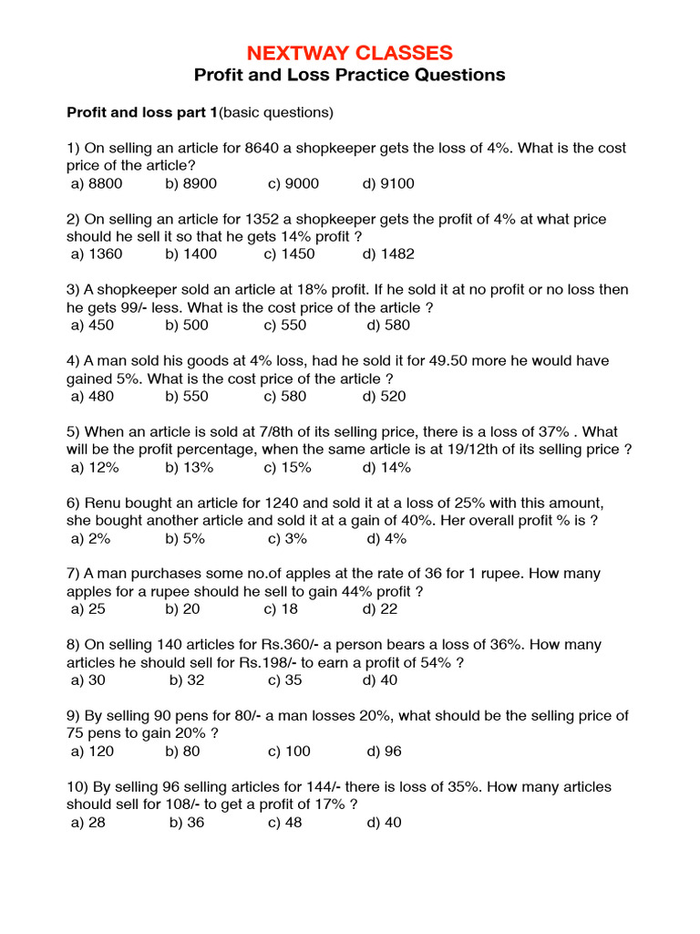 Profit and Loss Practice Questions @nextway | PDF | Business Economics ...