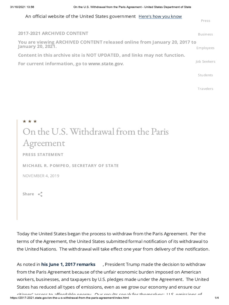 DoS. Press Release. On The U.S. Withdrawal From The Paris Agreement ...