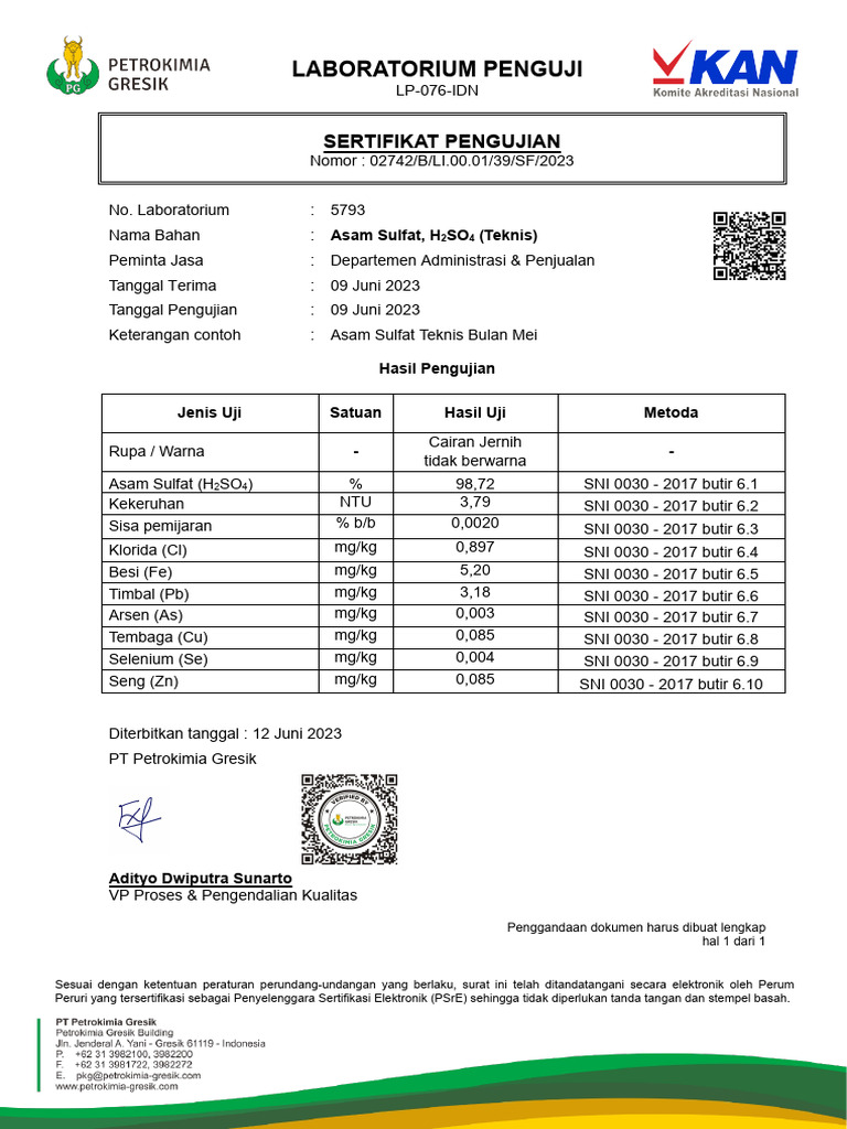CoA Asam Sulfat Bulan Juni 2023 | PDF