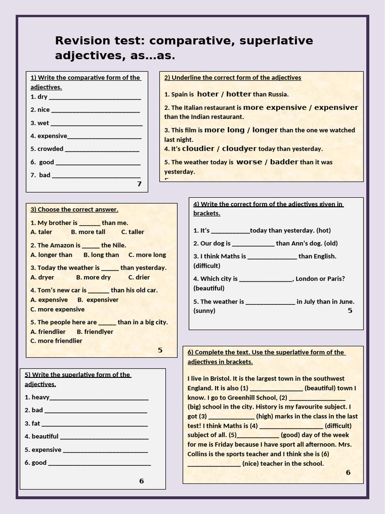 Revision Test Comparative Superlative Adjectives A Grammar Drills Tests ...
