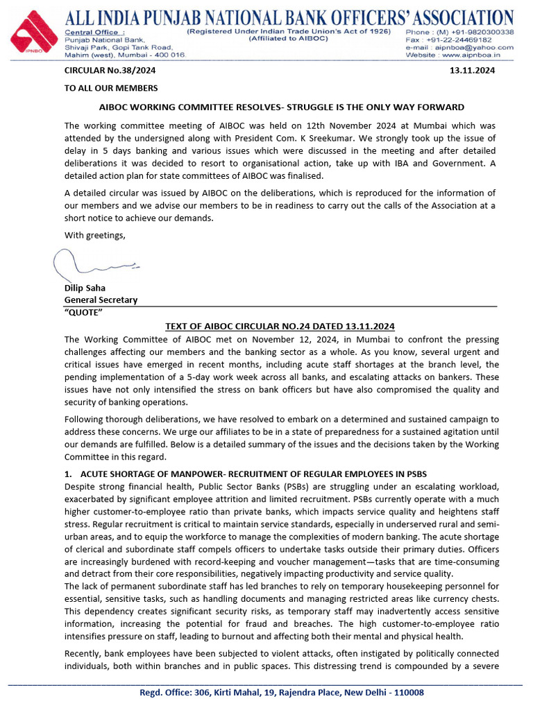 AIBOC Urges Action on Banking Issues | PDF | Cost Of Living | Pension