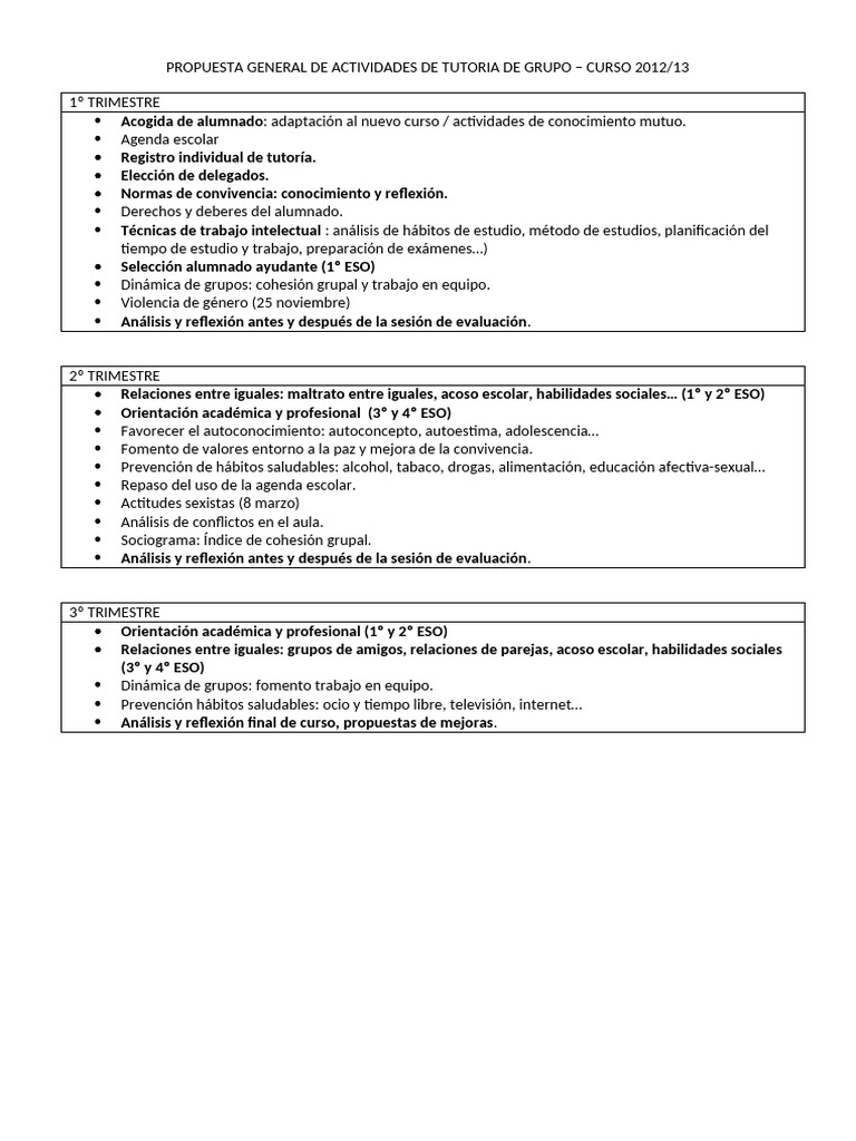 Propuesta General de Actividades de Tutoria de Grupo 1213 | PDF ...