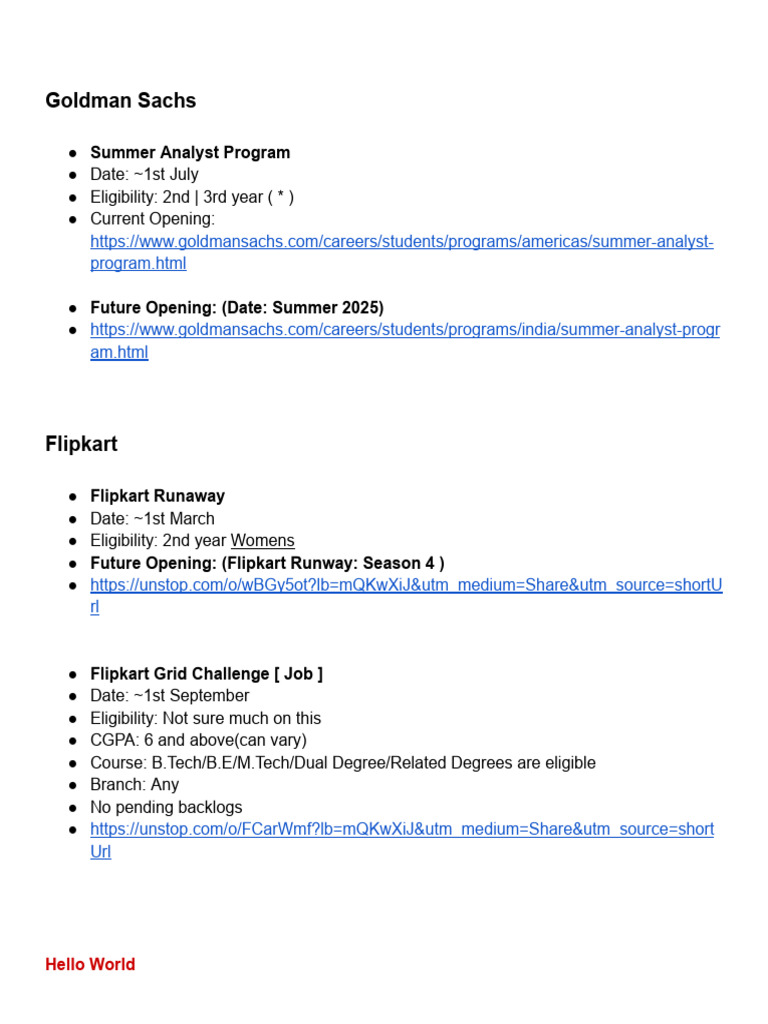 Internship Calendar 2024 Hello World | PDF | Business | Companies