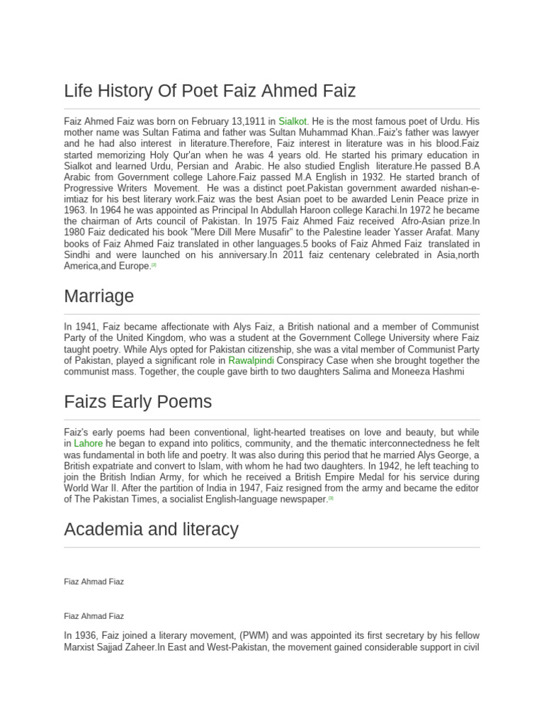 Life History of Poet Faiz Ahmed Faiz | PDF