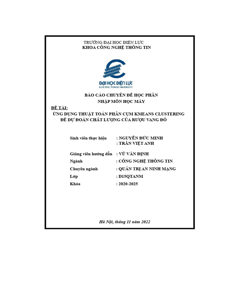 Bao Cao Chuyen de Hoc Phan Nhap Mon Hoc May Truong Dai Hoc Dien Luc 79139 | PDF
