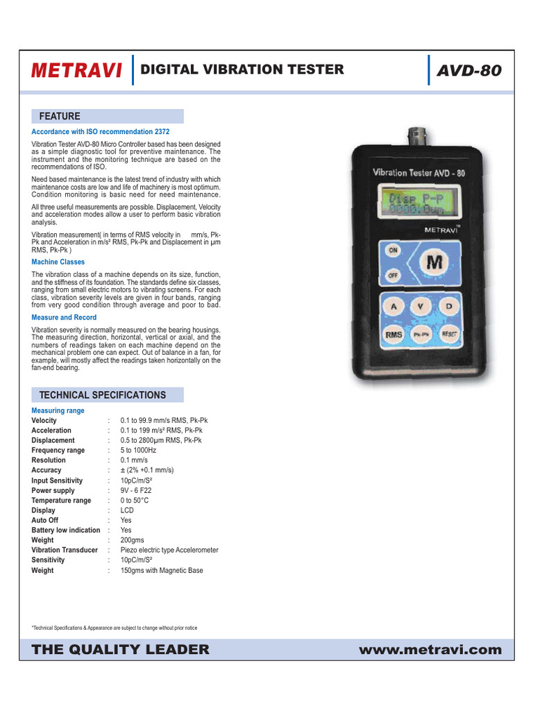 Metravi AVD 80 Portable Vibration Meter Catalogue | PDF | Mechanical Engineering | Metrology
