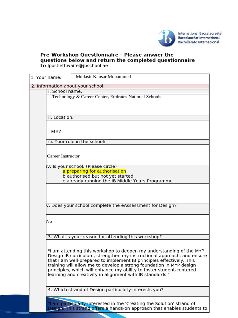 PRE WORKSHOP QUESTIONNAIRE - Mudasir | PDF