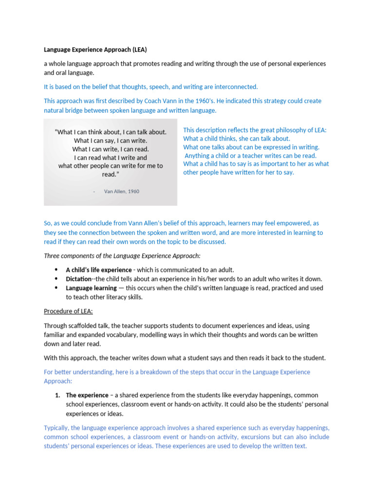Language Experience Approach | PDF | Learning | Vocabulary
