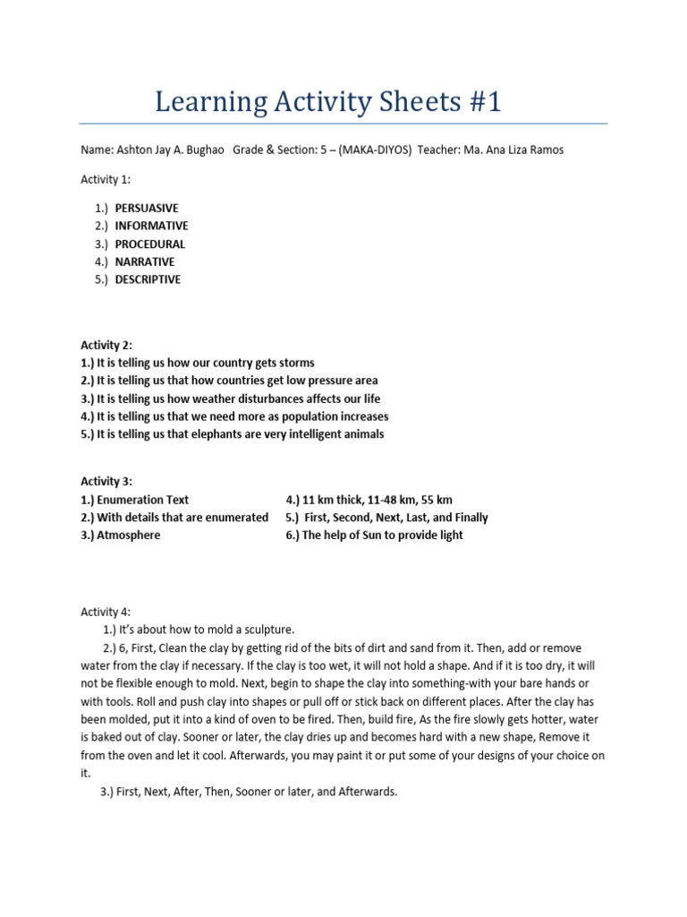 Learning Activities for Grade 5 Students | PDF | Clay
