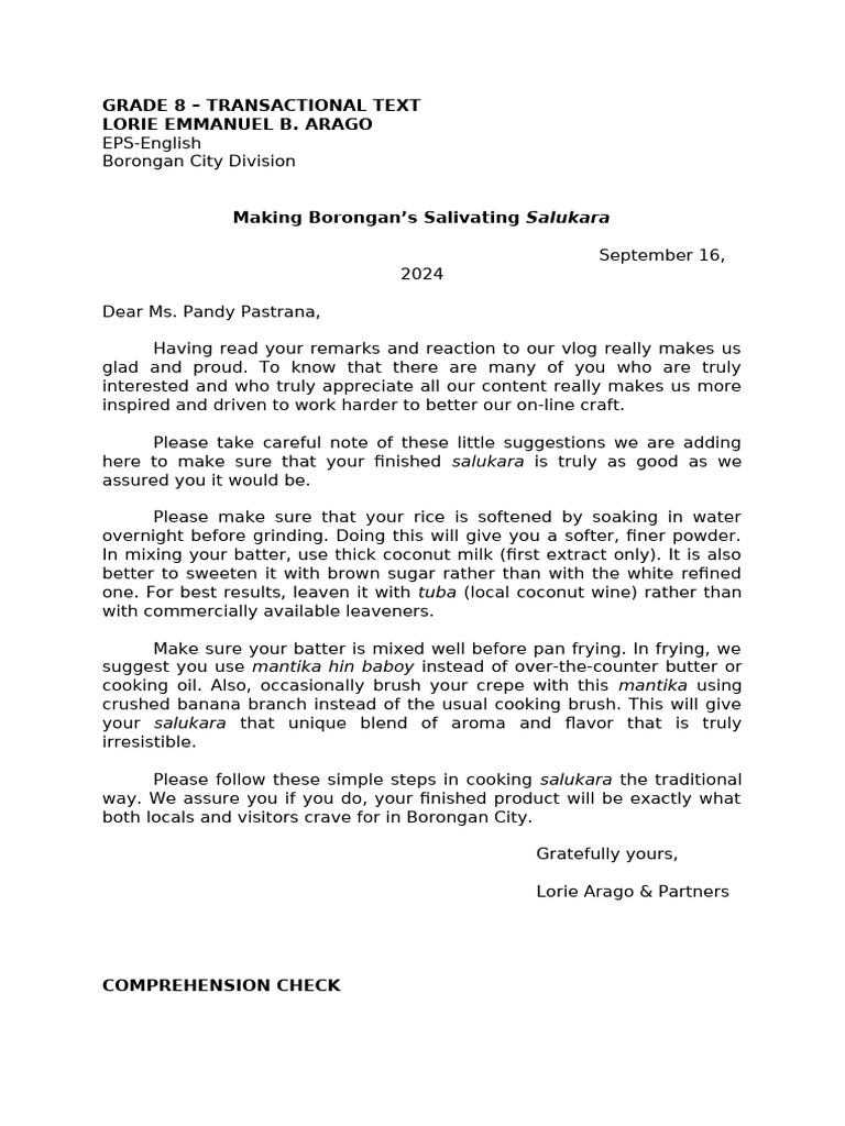 Grade 8 - Transactional Text | PDF | Coconut Milk | Foods