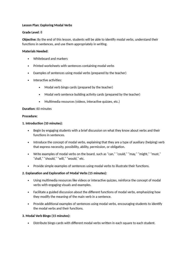 Lesson Plan About Modal Verbs | PDF | Verb | Lesson Plan