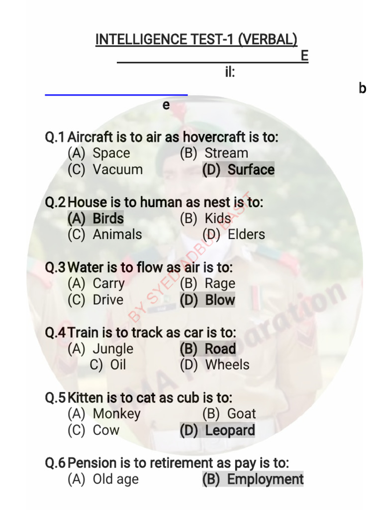 Verbal Intelligence Test Questions | PDF