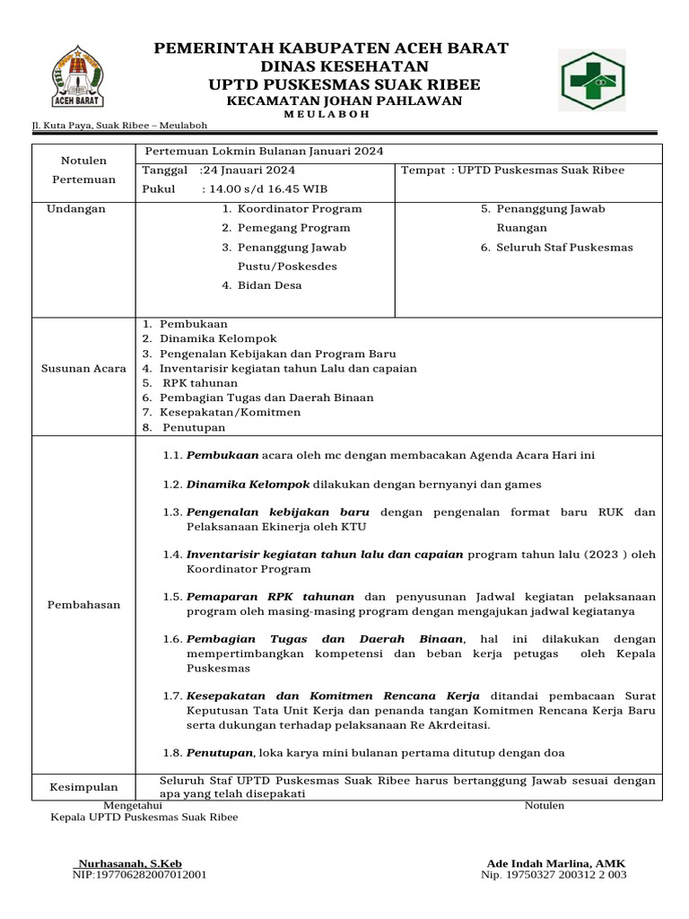 NOTULEN LOKMIN Bulanan 2024 | PDF