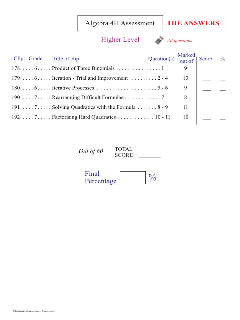 Algebra 4H Answers | PDF | Quadratic Equation | Equations