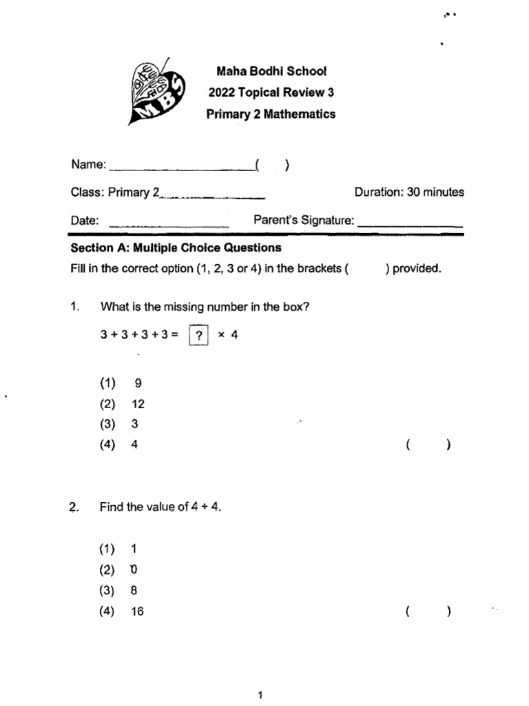 P2 Maths 2022 MahaBodhi RV3 Paper | PDF