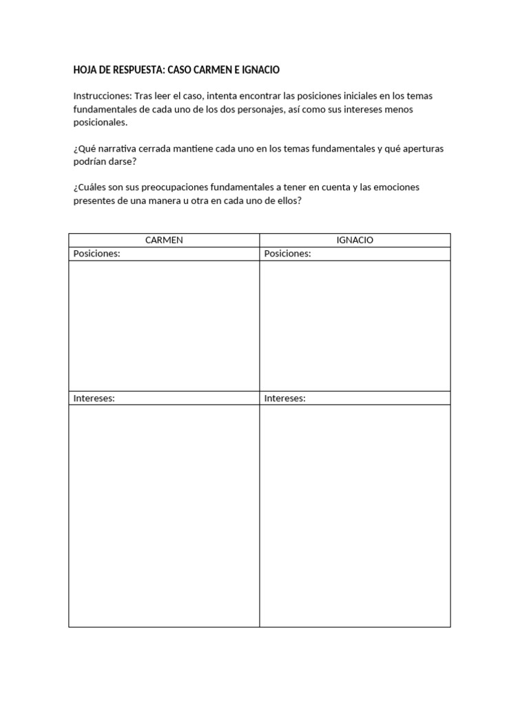HOJA DE RESPUESTA CASO CARMEN E IGNACIO Hoja de Respuesta | PDF ...