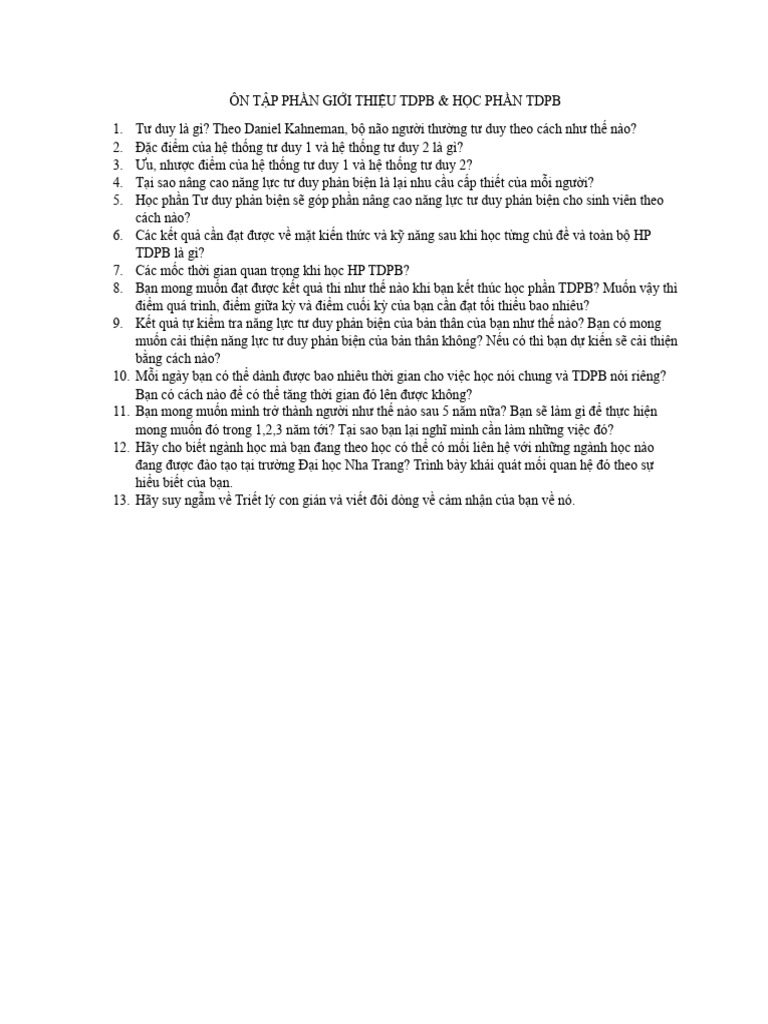 CÂU HỎI gợi mở về TDPB cách tiếp cận học phần | PDF