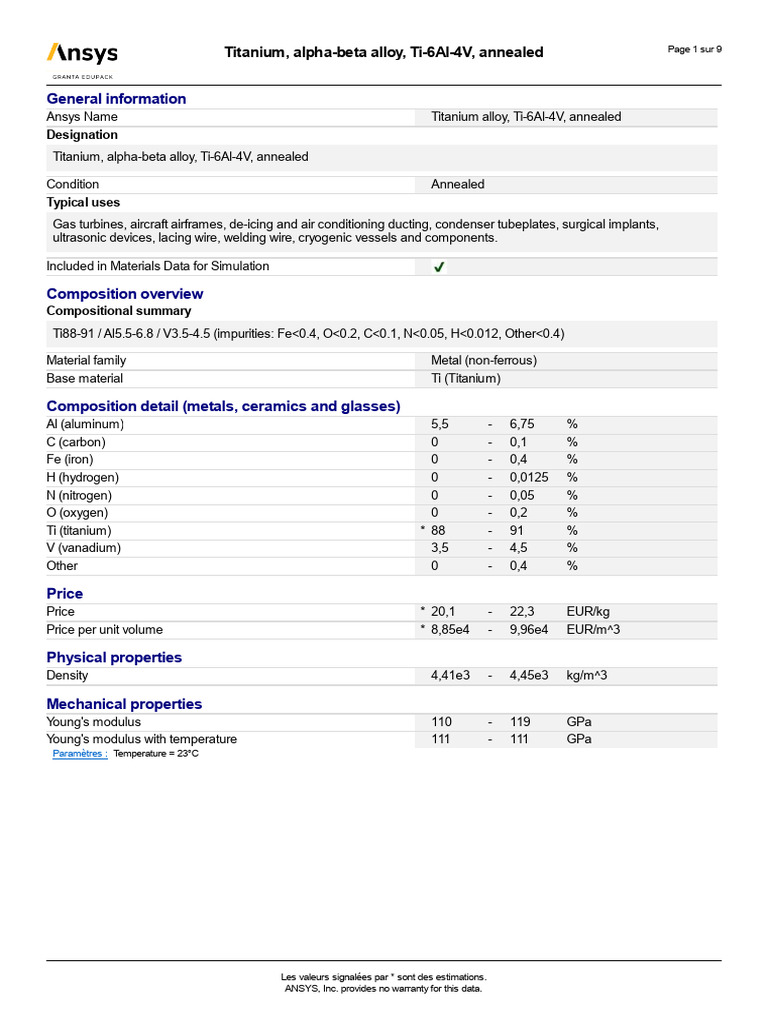 General Information: Titanium, Alpha-Beta Alloy, Ti-6Al-4V, Annealed ...