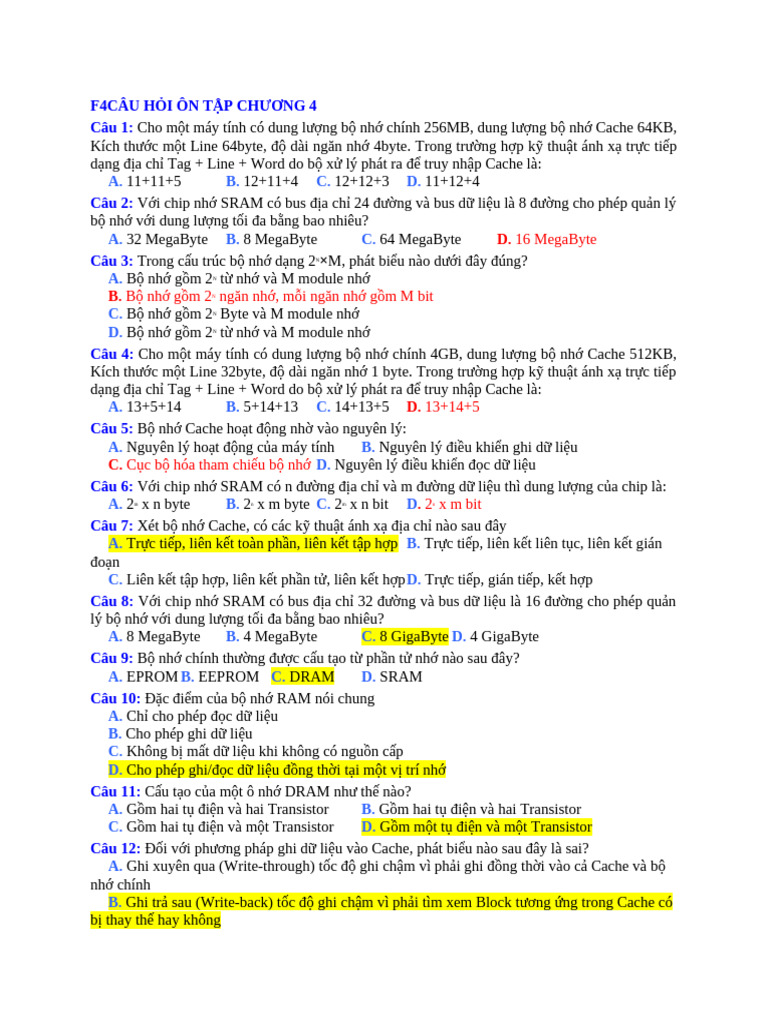 CÂU HỎI ÔN TẬP CHƯƠNG 4 KTMT | PDF