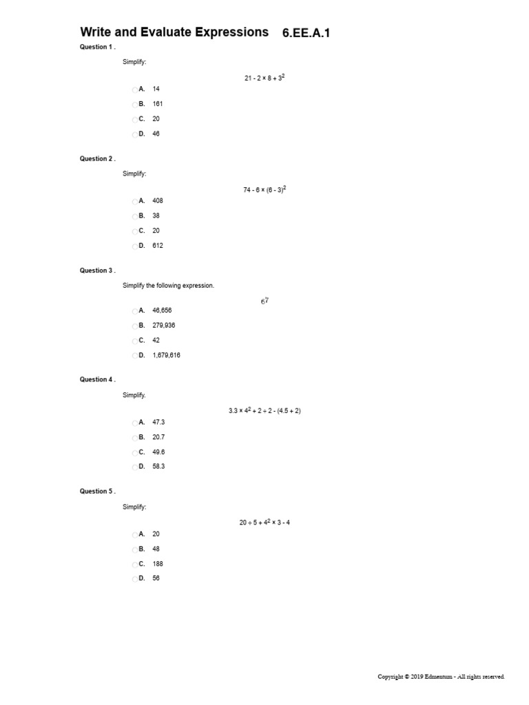 6.EE.a.1 - Write & Evaluate Expressions | PDF | Numbers | Elementary Mathematics