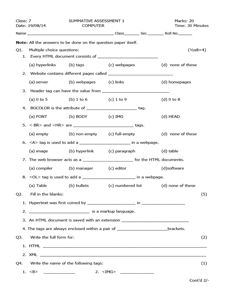 Cbse Class 7 Sa1 Computer 2014 | PDF | Html | Hyperlink