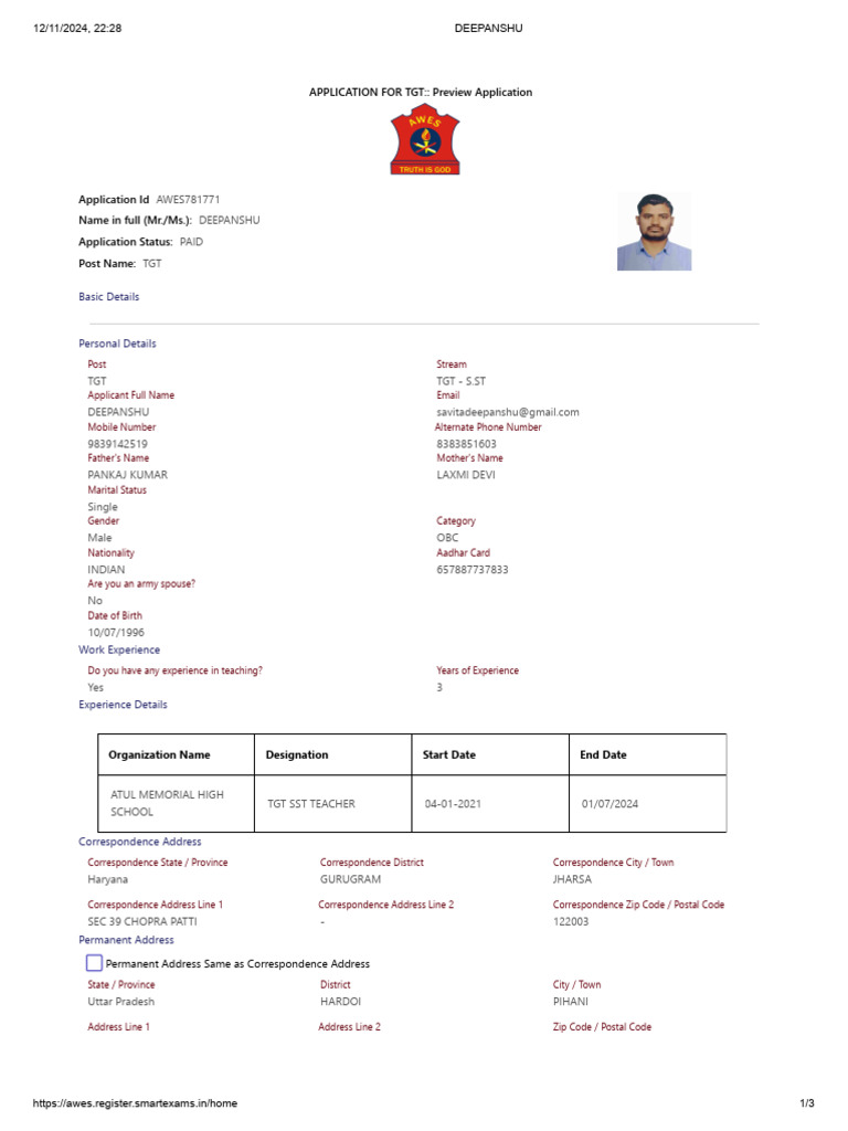 Deepanshu Awes Admit Card | PDF