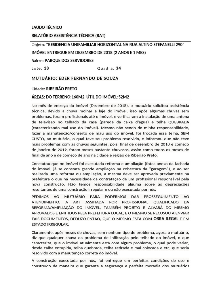 Relatório Tecnico Casa 290 Rat Eder | PDF